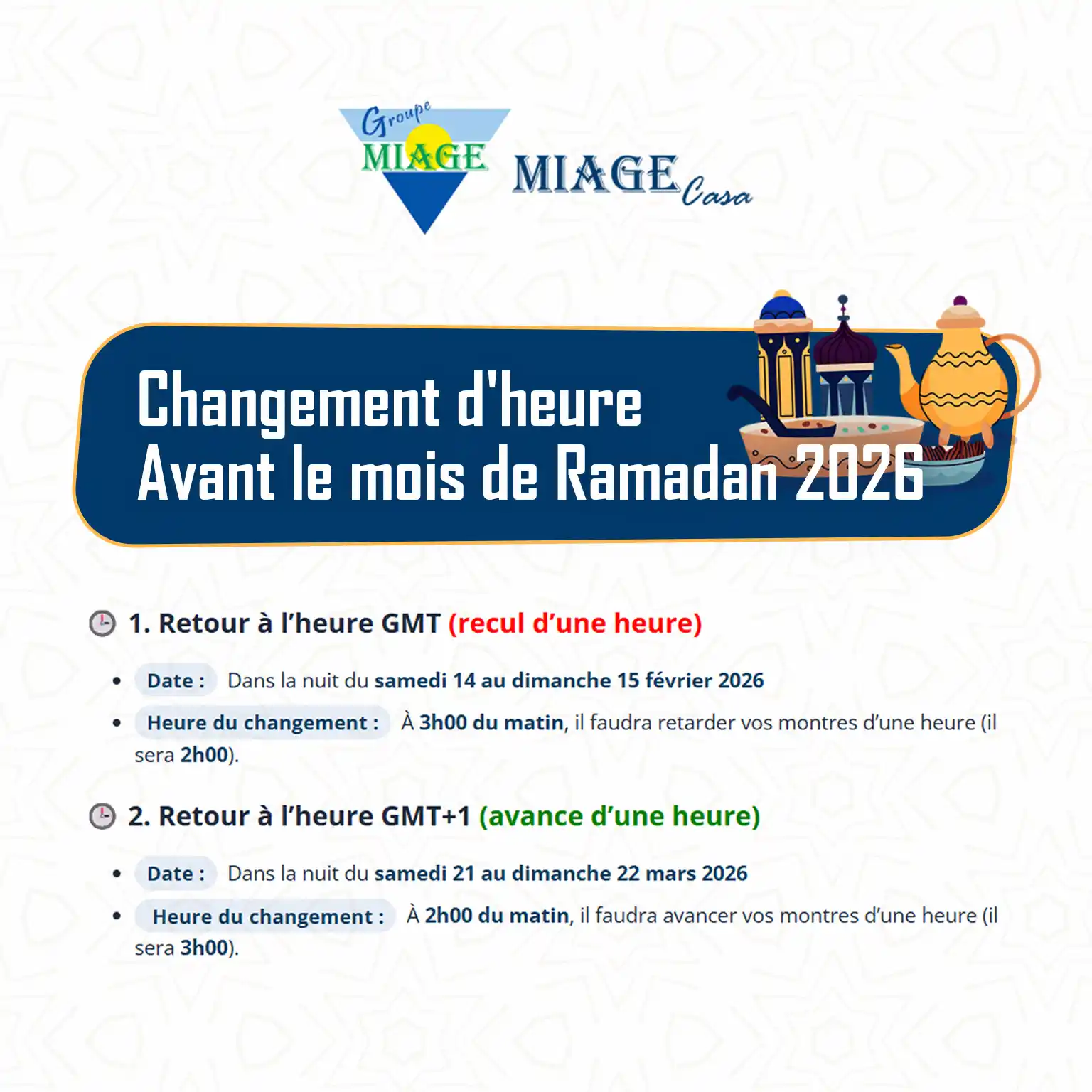 Changement d’heure pour le mois de Ramadan (Février 2026)
